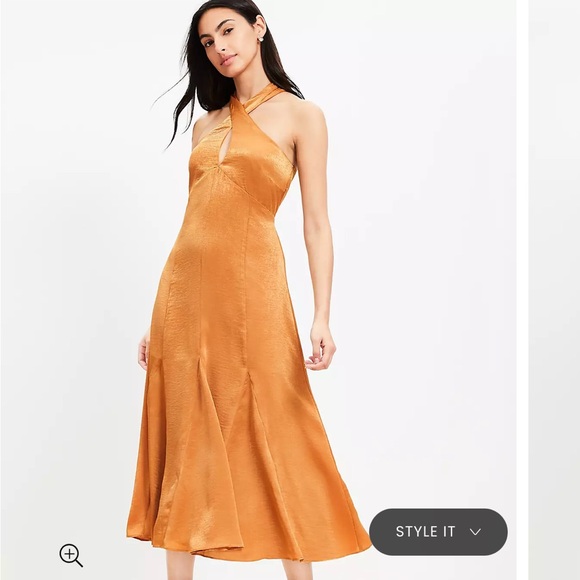LOFT | Dresses | Loft Satin Godet Halter Midi Dress In Golden Camel ...